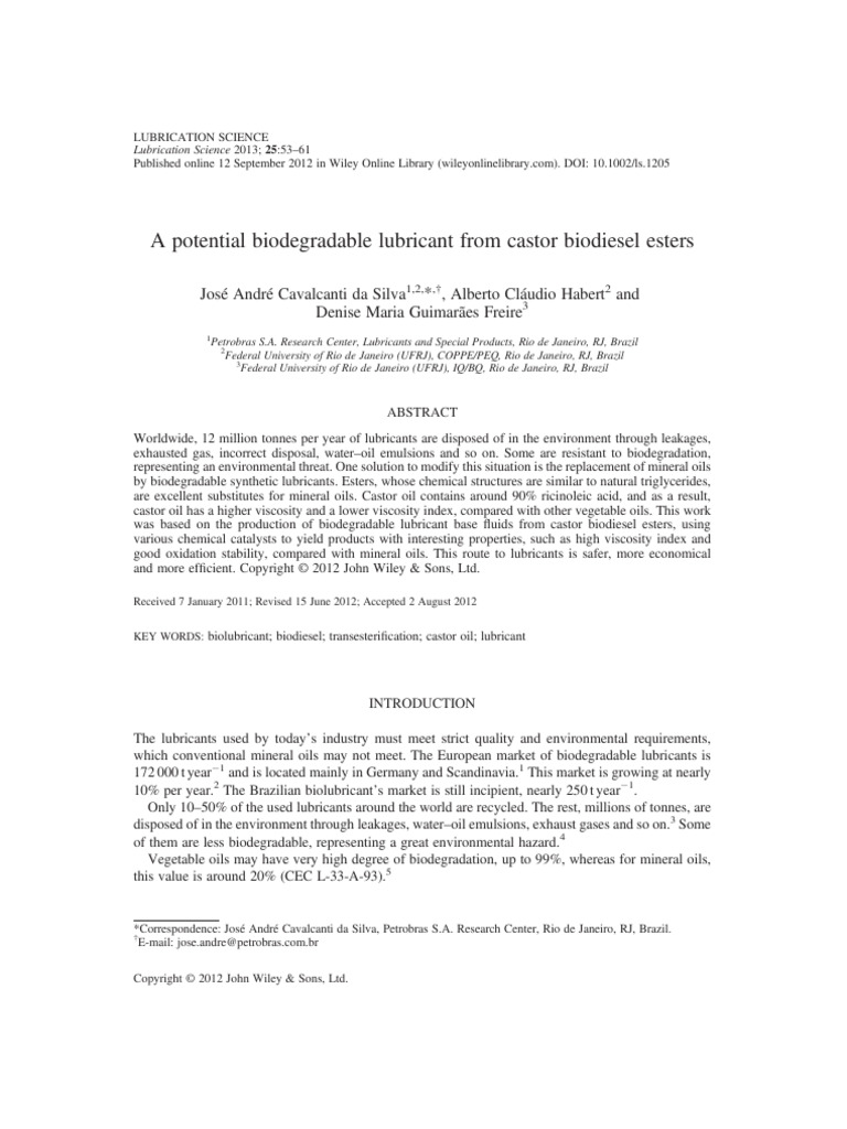 2013 A Potential Biodegradable Lubricant From Castor Biodiesel Esters ...