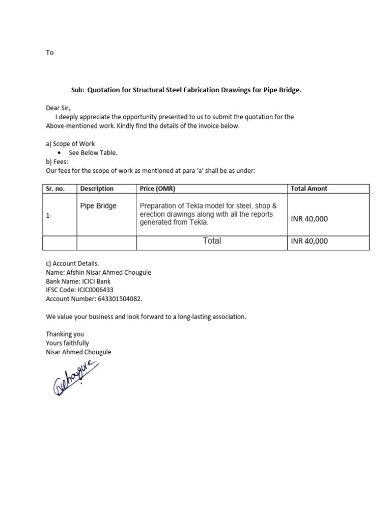 Nisar Pipe Bridge Quotation | PDF | Technology & Engineering