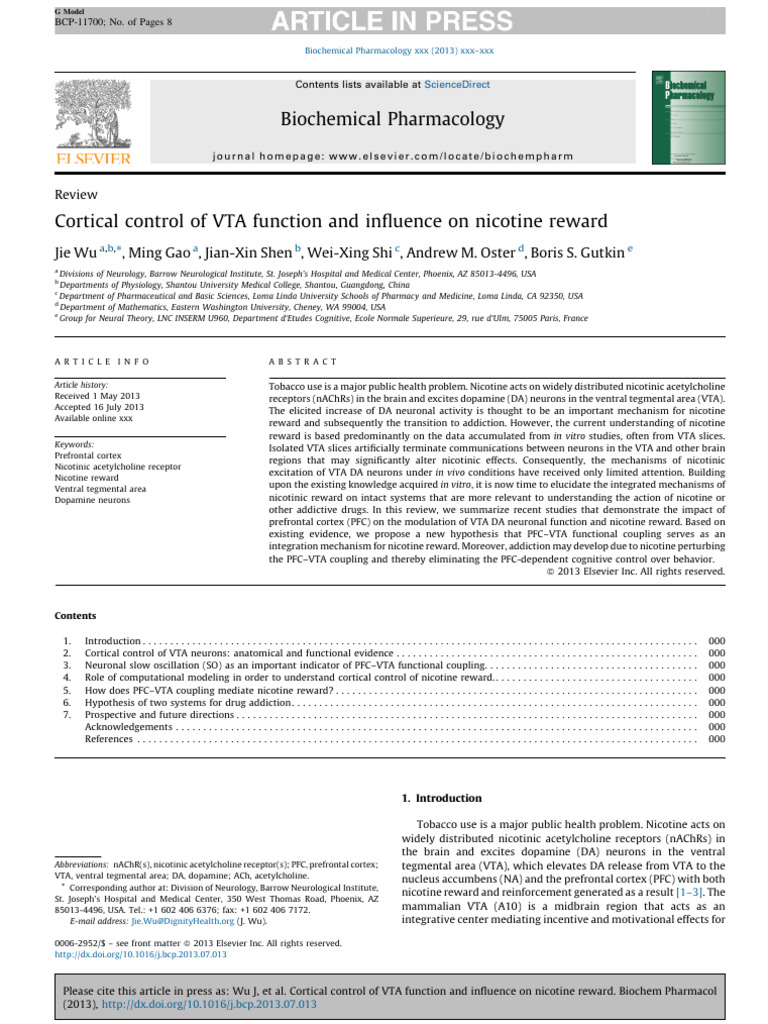 Cortical Control of VTA Function and in Uence On Nicotine Reward | PDF ...