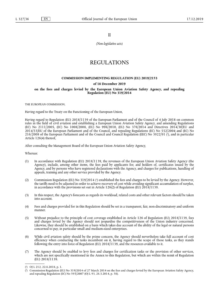 Fees Regulation 2019-2153 Fee Tables | PDF | European Union | Per Diem