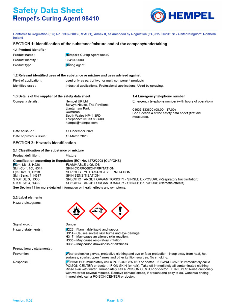 Hempel's Curing Agent 98410 Safety Data | PDF | Toxicity | Occupational ...