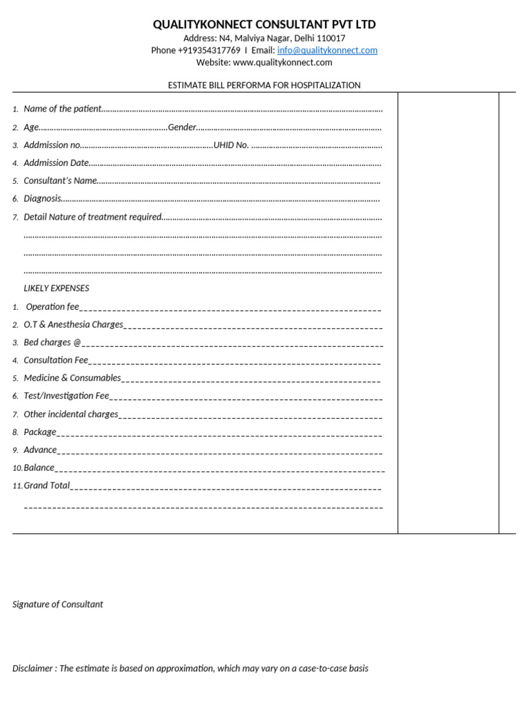 Estimate Bill Performa For Hospitalization | PDF