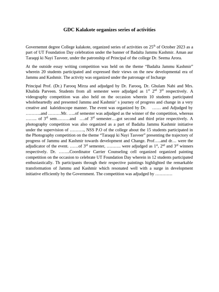 GDC Kalakote Organizes Series of Activities | PDF | Travel | Science ...