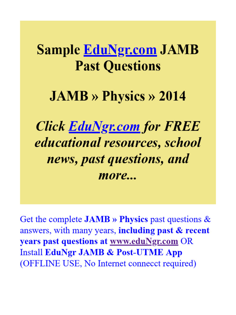 JAMB Physics Past Questions EduNgr Sample | PDF | Liquids | Force