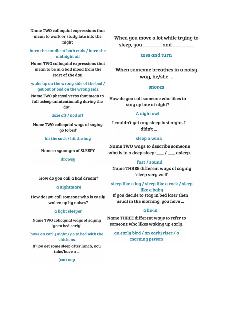 Sleeping Vocabulary | PDF