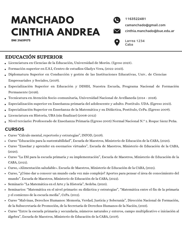 CV. Manchado Cinthia | PDF | Educación primaria | Escuelas