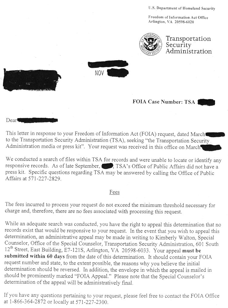 TSA Has No Media Kit Letter | PDF