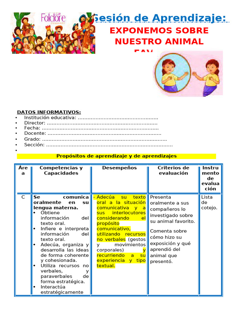 Exposición Oral: Nuestro Animal Favorito | PDF | Evaluación | Aprendizaje