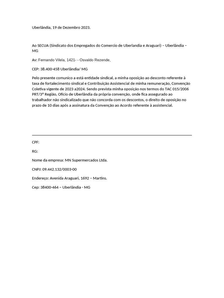 Carta De Resposta/modelo Carta Sindicato