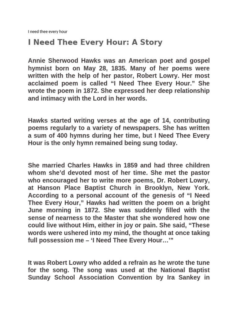 Annie Hawks: "I Need Thee Every Hour" | PDF