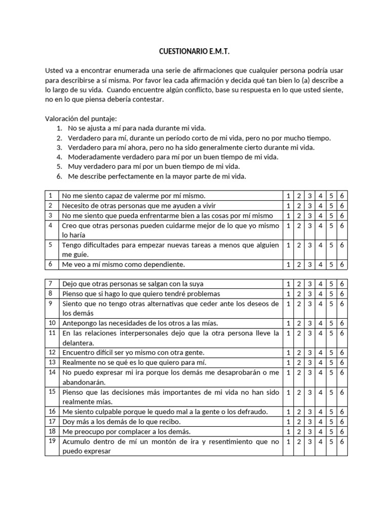 Cuestionario E.M.T | PDF | Psicología Social | Conceptos psicologicos