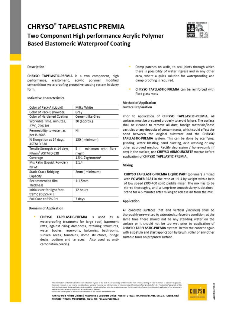 Technical Data Sheet Chryso Tapelastic Premia - 6099 - 3582 | PDF ...