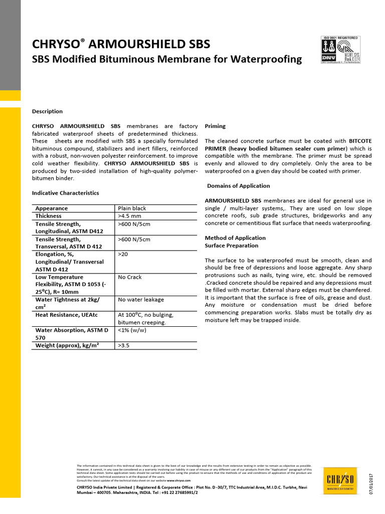 CHRYSO ARMOURSHIELD SBS Membrane | PDF | Concrete | Materials