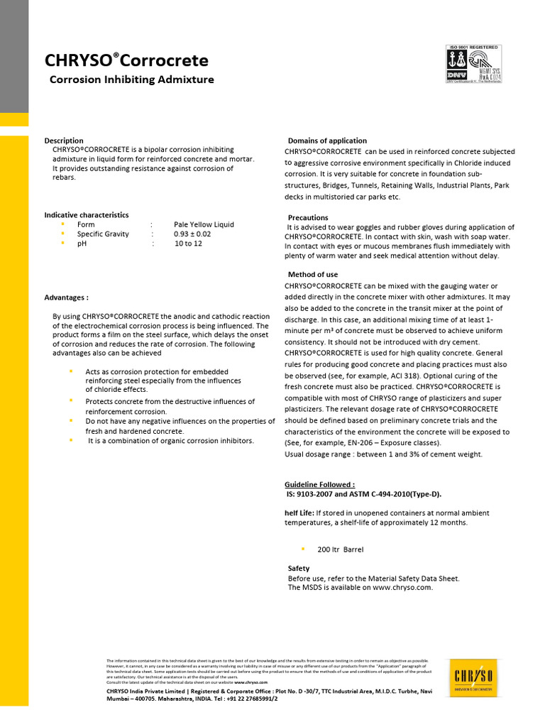 Technical Data Sheet Chryso Corrocrete 6231 3842 | PDF | Concrete ...