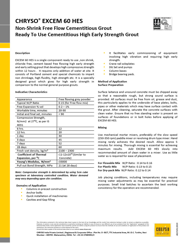 Technical Data Sheet Chryso Excem 60 Hes 8891 5610 | PDF | Concrete ...