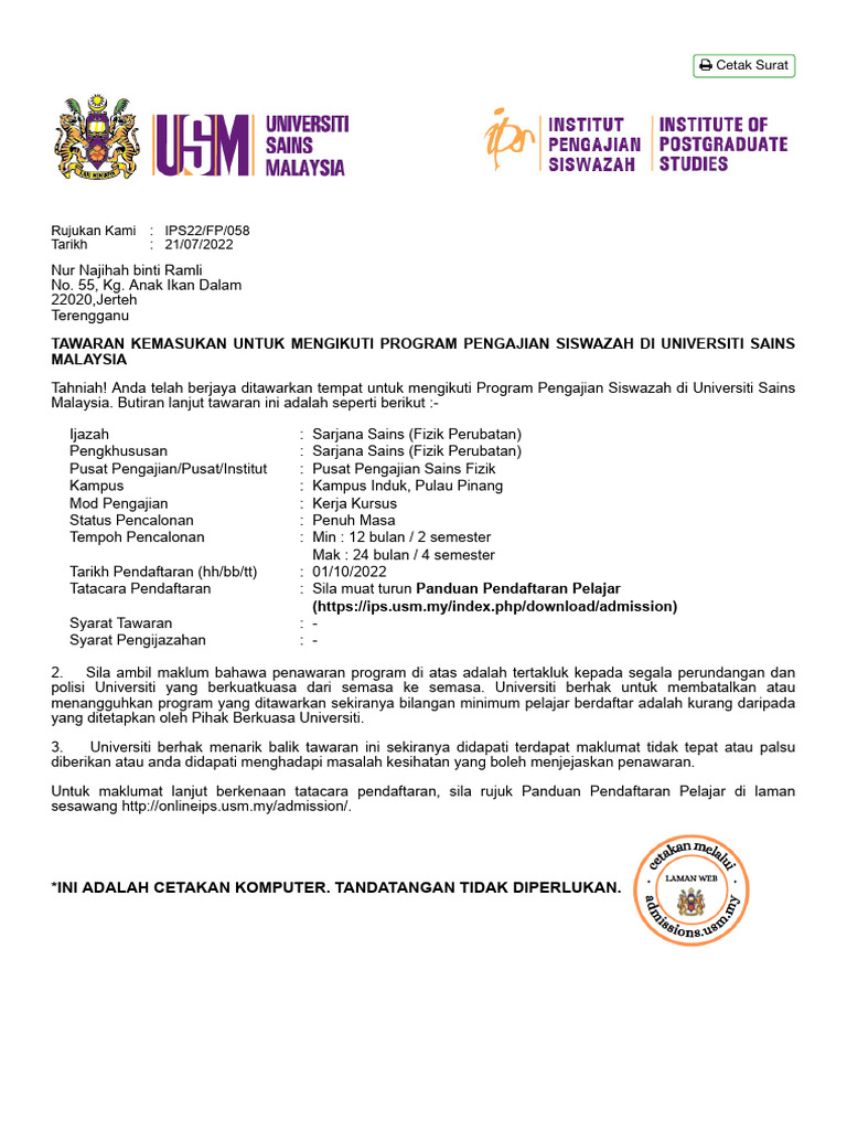Borang Tawaran Usm | PDF