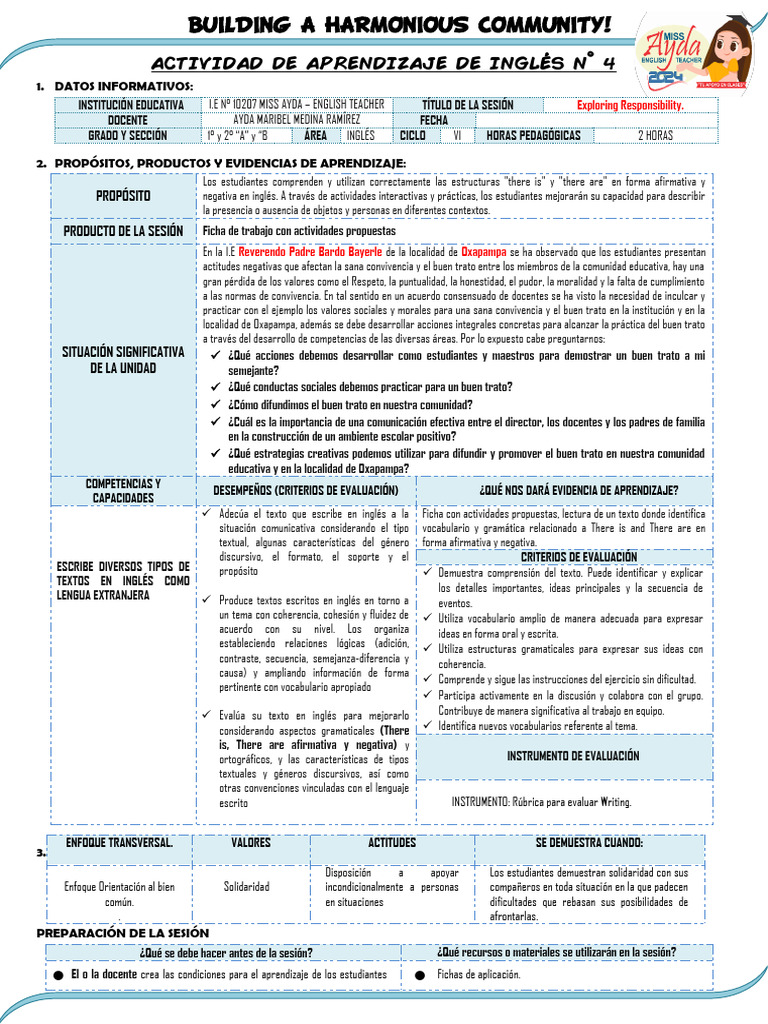Actividad de Aprendizaje N°4 - Prea1-S2-Exploring Responsibility - Miss Ayda | PDF | Evaluación ...
