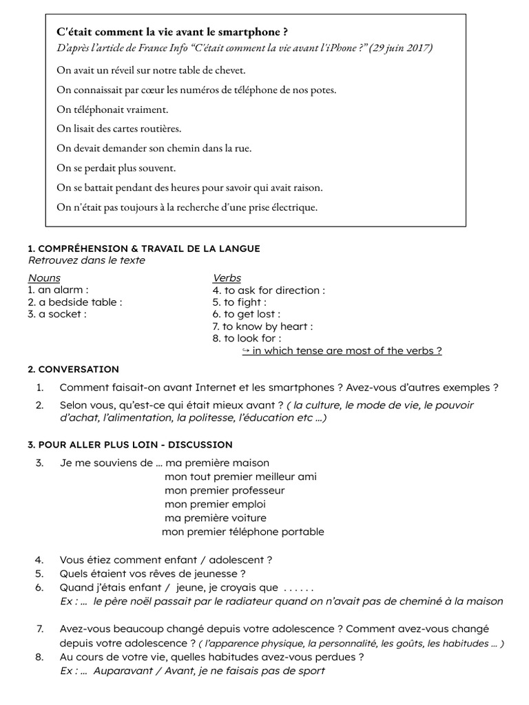 FLE A2 La Vie Avant Internet - Imparfait | PDF | Linguistique