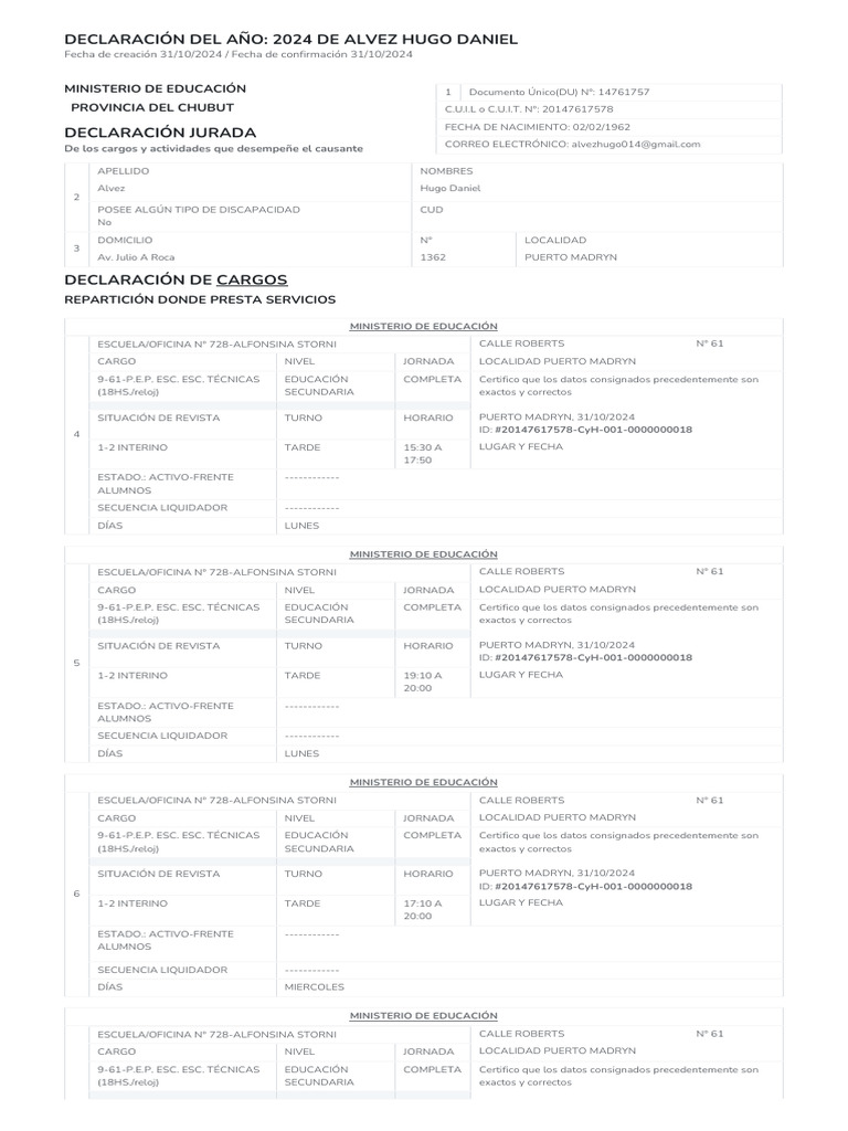 DECLARACION JURADA - Hugo Daniel Alvez - 28-10-2024 | PDF