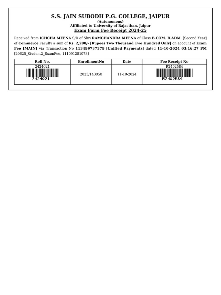 3 - MAIN - R2402584 - ExamFeeReceipt Ichaa | PDF