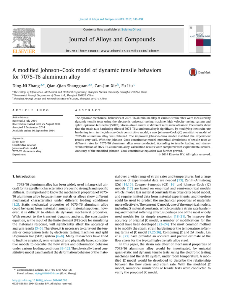 A Modified Johnson-Cook Model of Dynamic Tensile Behaviors For 7075-T6 ...