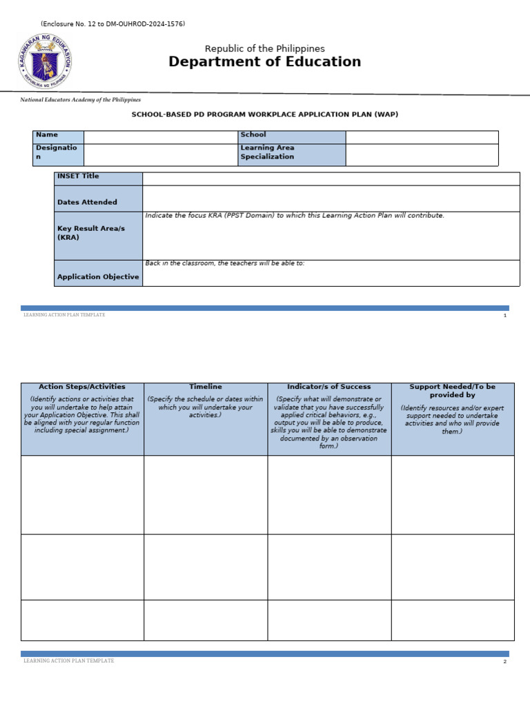 Enclosure No. 12 PD Program Workplace Application Plan Template2 | PDF | Learning | Cognition