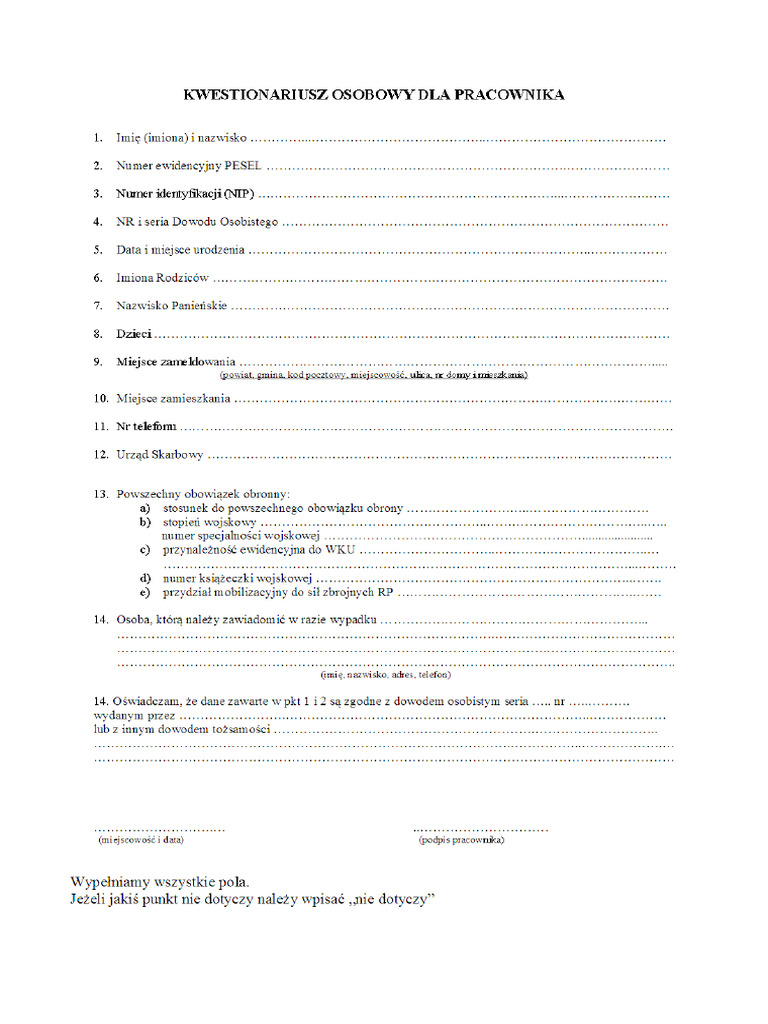 KWESTIONARIUSZ OSOBOWY DLA PRACOWNIKA - Kwestionariusz - Osobowy | PDF