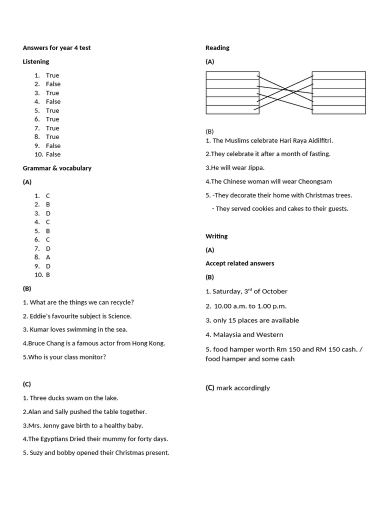 Answers For Year 4 Test | PDF | Language Arts & Discipline