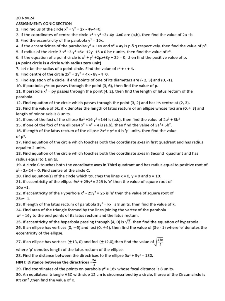 Conic Sections: Circle, Parabola, Ellipse, and Hyperbola Problems | PDF ...