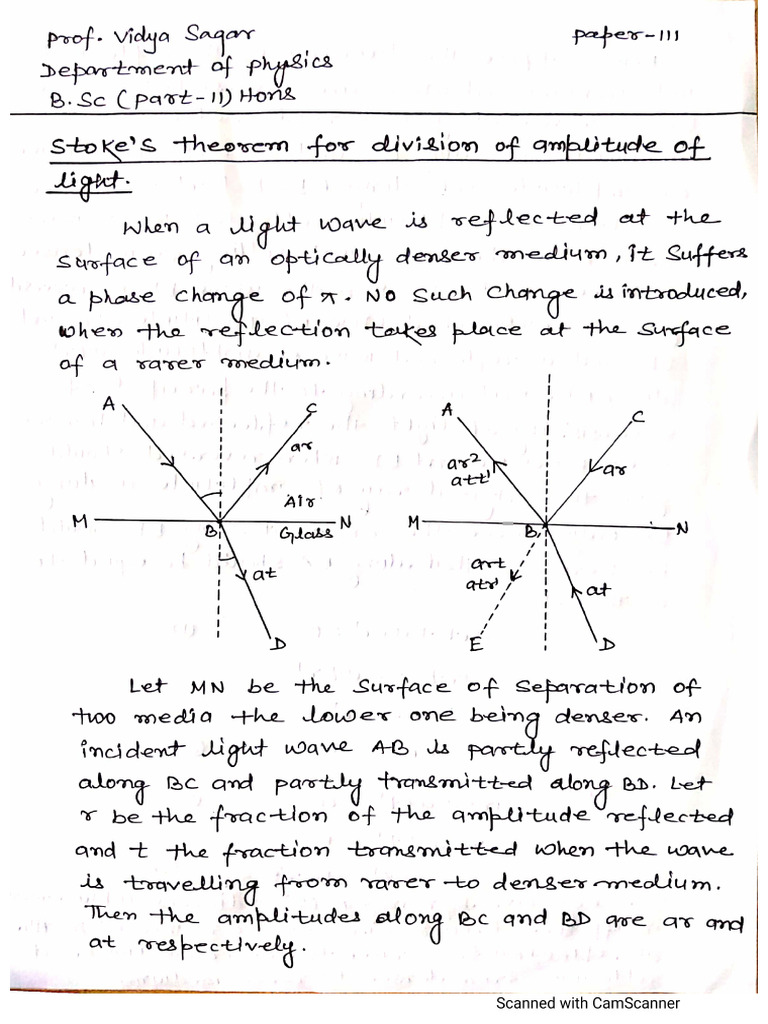 Stoke Theorem For Division of Amplitude of Light | PDF