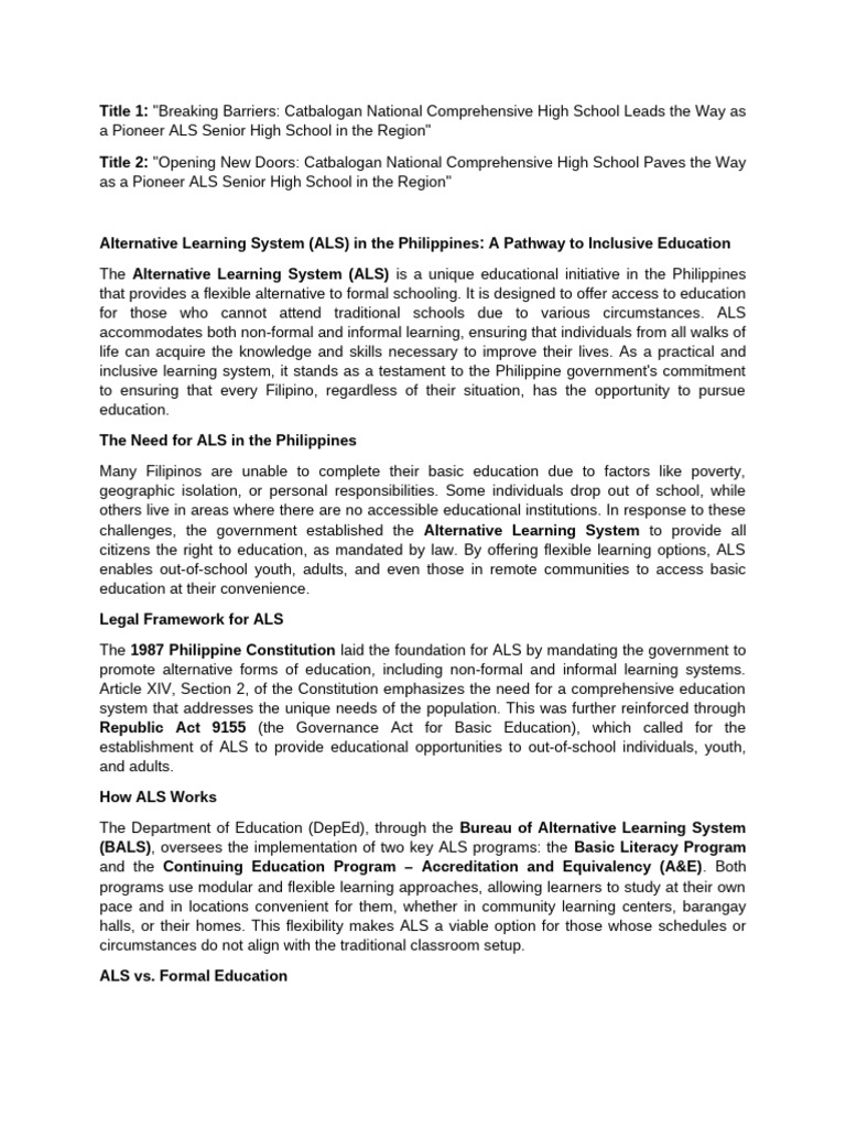 ALS-SHS-ARTICLE-D1 | PDF | Learning | Teachers