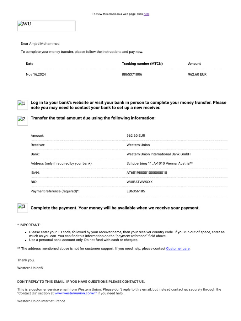 Date Tracking Number (MTCN) Amount: To View This Email As A Web Page ...