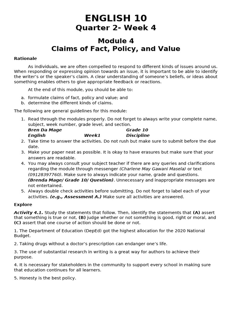 English 10 Module | PDF | Evidence | Policy