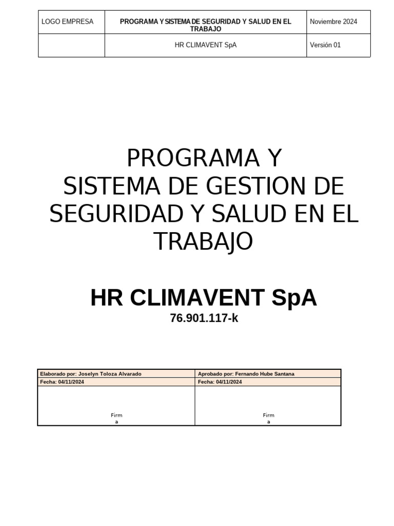 Modelo Programa y Sistema de Gestion de Seguridad y Salud en El Trabajo V5 | PDF | Riesgo ...