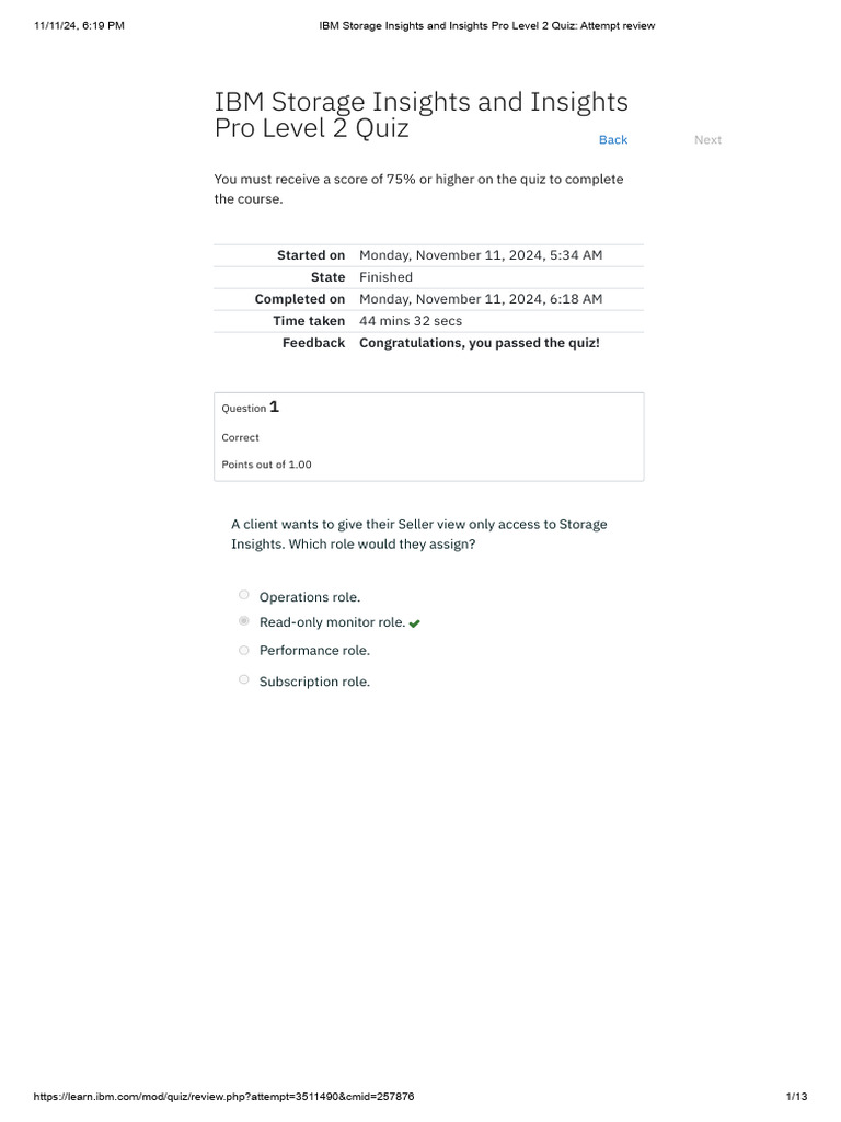 IBM Storage Insights and Insights Pro Level 2 Quiz - Attempt Reviewrozi | PDF | Information ...