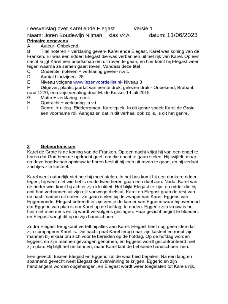 Leesverslag Over Karel Ende Elegast | PDF