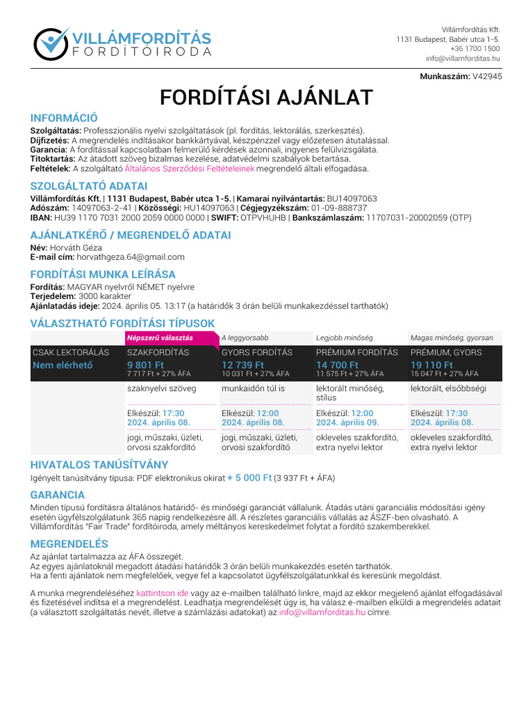 Villamforditas Ajanlat V42945 | PDF