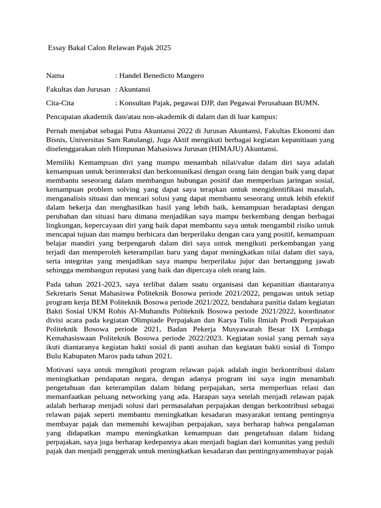 Essay Bakal Calon Relawan Pajak 2025 | PDF