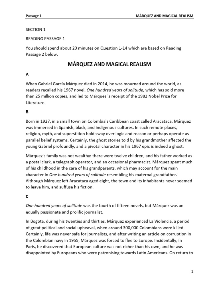 73 Passage 1 - MÁRQUEZ AND MAGICAL REALISM Q1-13 | PDF | Gabriel García ...