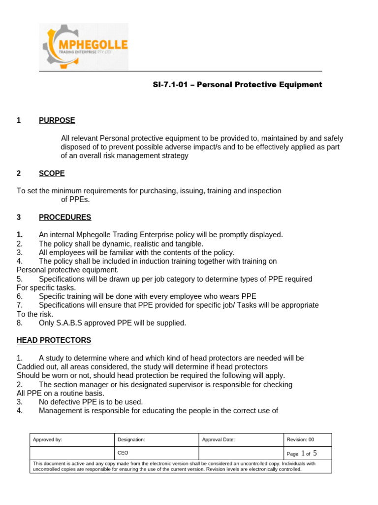 SI-7.1-01-Personal Protective Equipment | PDF | Personal Protective ...