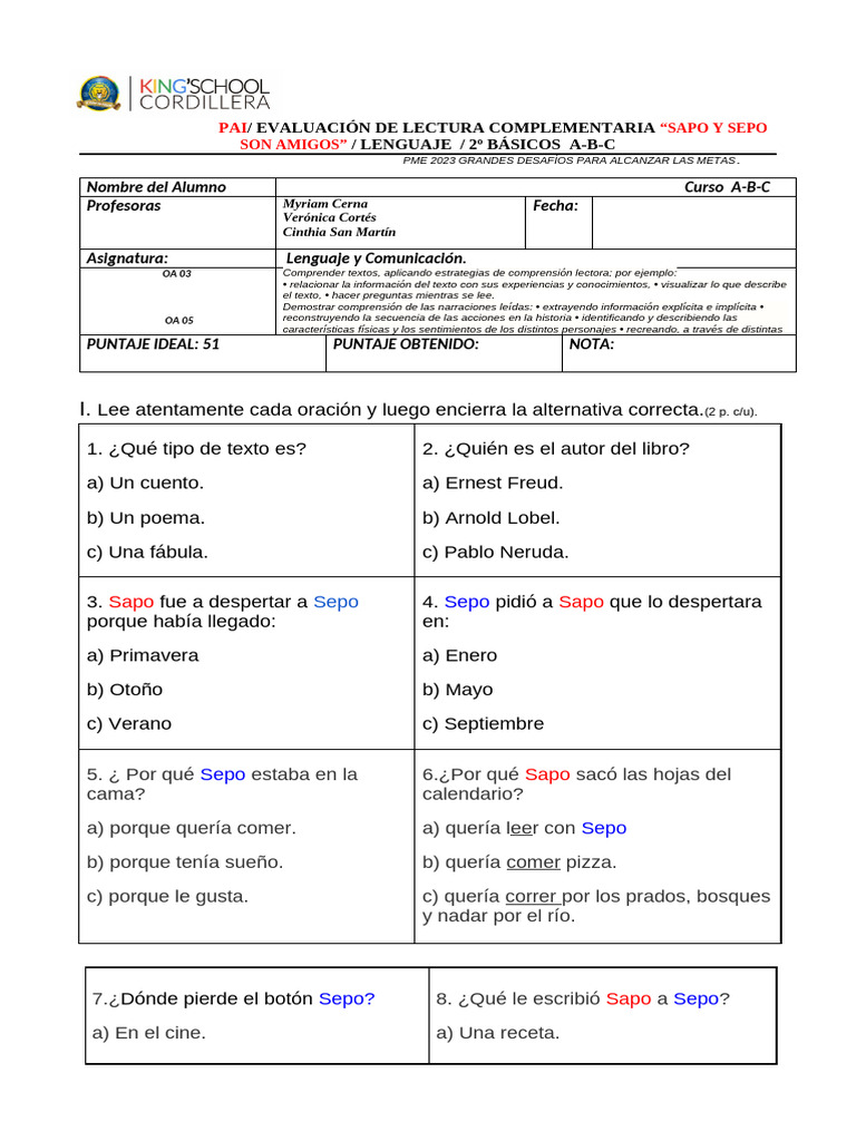 Pai 26 - 09 Sapo y Sepo Son Amigos | PDF | Artes del Lenguaje y ...