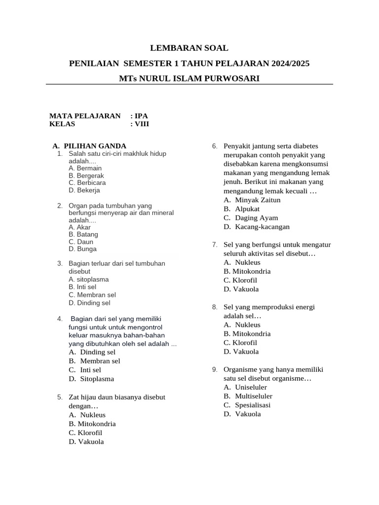 Lembaran Soal Kelas Viii Semester 1 | PDF