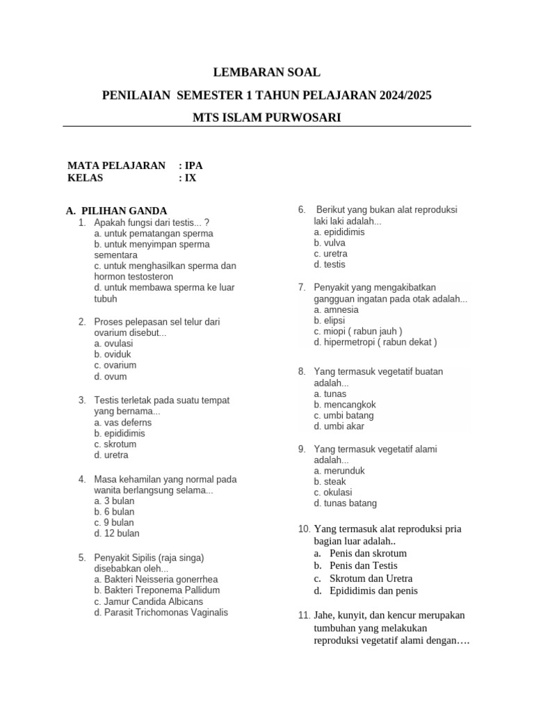 Lembaran Soal Kelas Ix Semester 1 | PDF