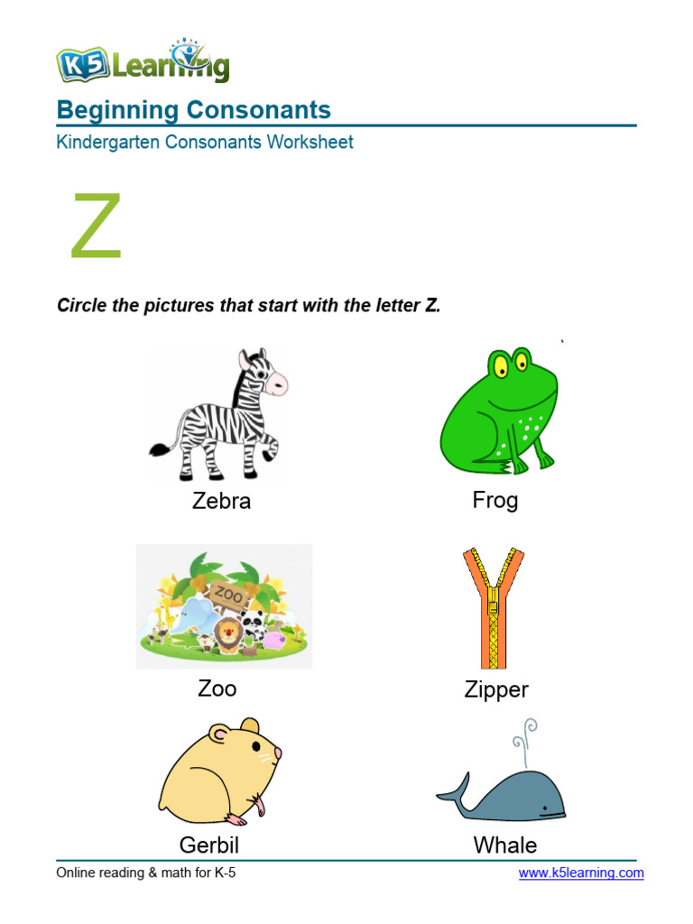 Kindergarten Beginning Consonants Letter Z | PDF