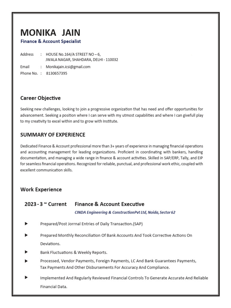 Monika Jain - CV | PDF | Finance & Money Management