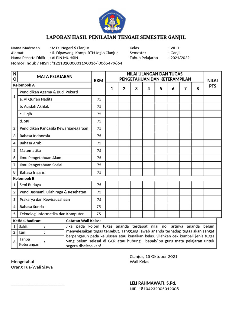 BLANGKO RAPOT PTS GANJIL KELAS 7h | PDF