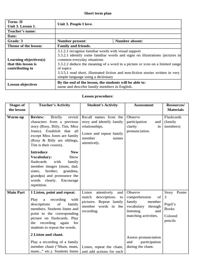 Family and Friends Lesson Plan 3 | PDF | Reading Comprehension | Vocabulary