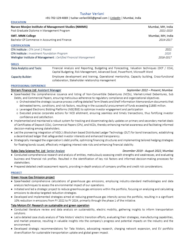 Tushar Ratan Verlani - Resume | PDF | Risk | Sustainable Transport