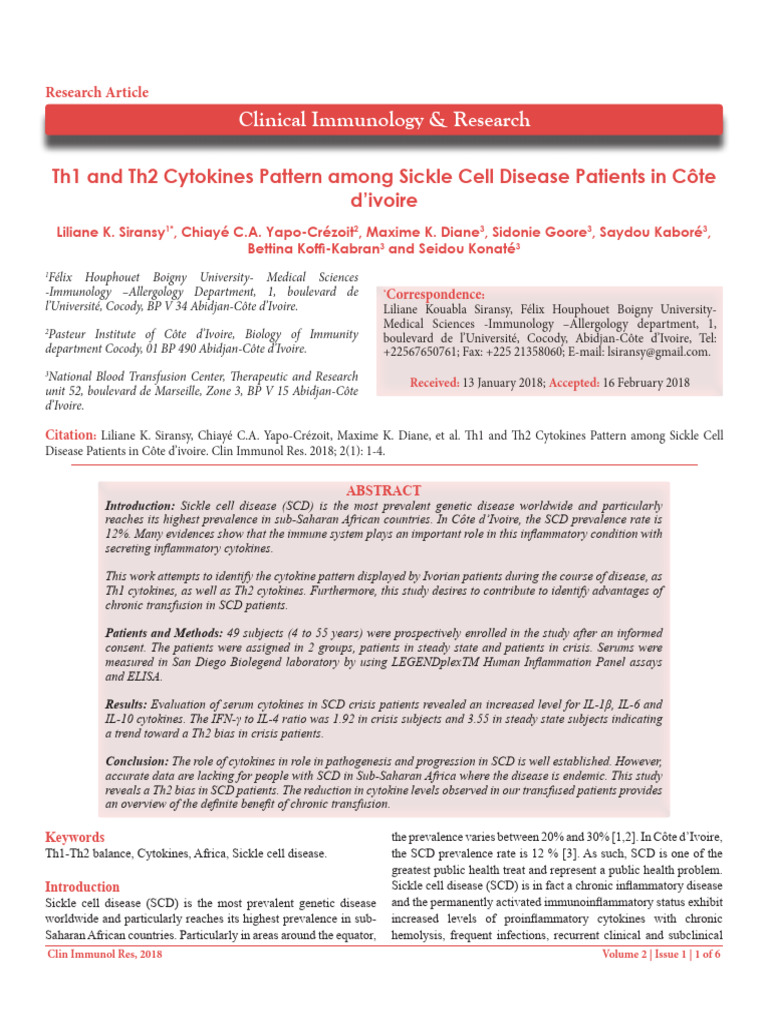 Th1 and Th2 Cytokines Pattern Among Sickle Cell Disease Patients in Cte Divoire | PDF | Elisa ...