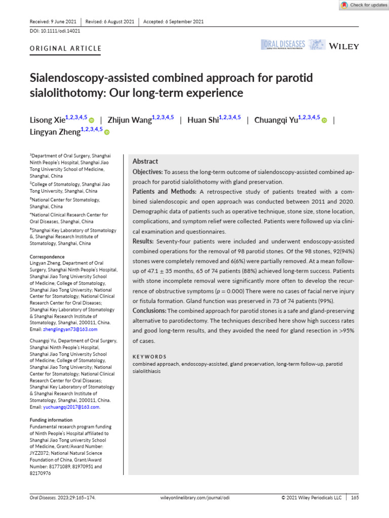 Oral Diseases - 2021 - Xie - Sialendoscopy Assisted Combined Approach ...